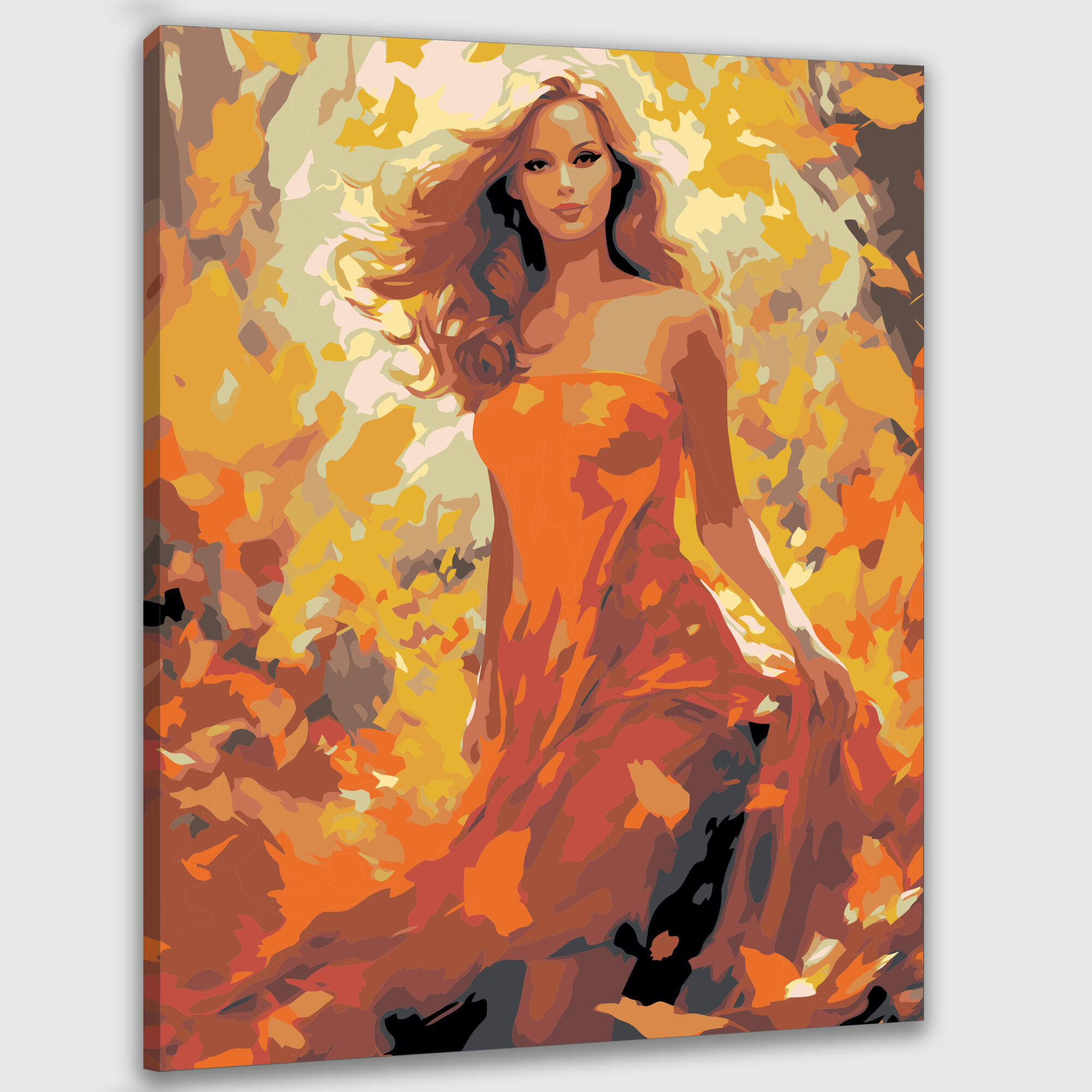 Картина по номерам 40x50 см, яркая, цифровая, картина, женщина, прогуливается, осенний, парк, калейдоскоп, оранжевые