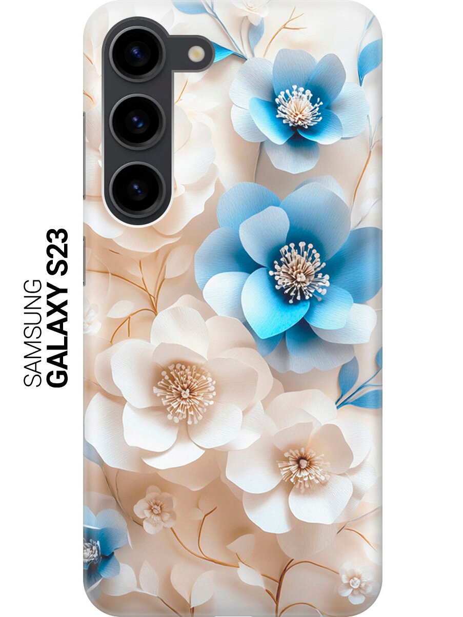 Силиконовый чехол на Samsung Galaxy S23 с принтом "Белые и голубые цветы"