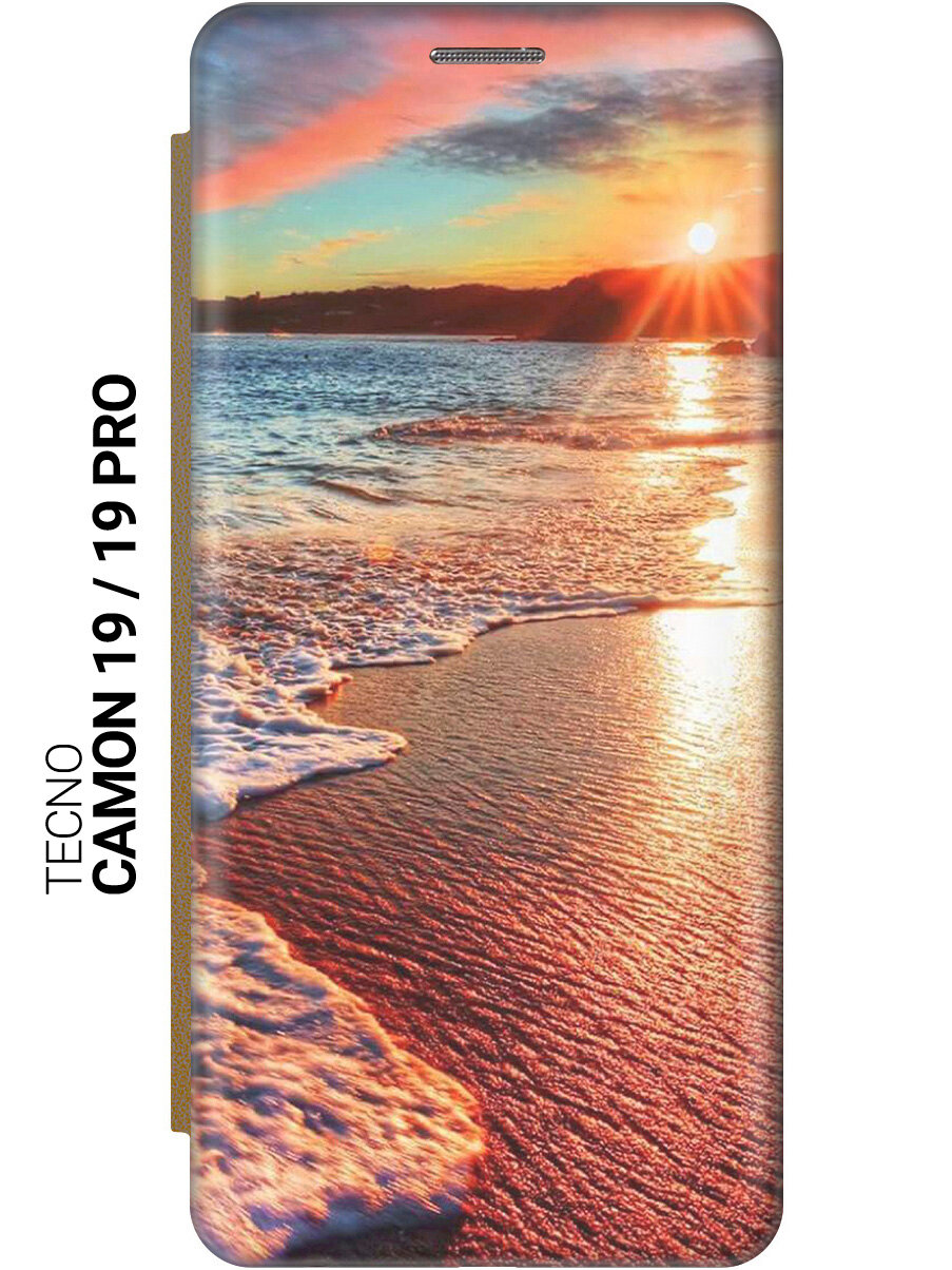 Чехол-книжка на Tecno Camon 19 / 19 Pro / Техно Камон 19 / 19 Про с рисунком "Залитый светом пляж" золотой