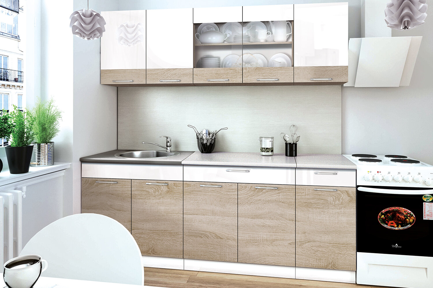 Кухонный гарнитур "Лайт" 2м, ширина 200 см, Цвет Дуб Сонома / Белый Глянец / Антарес, модульная, со столешницей, прямой