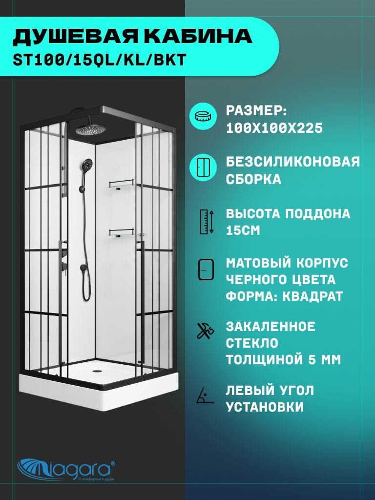 Душевая кабина Niagara Standart ST100/15QL/KL/BKT (100х100х225) низкий поддон(15см), черный, стекло прозрачное,3 места