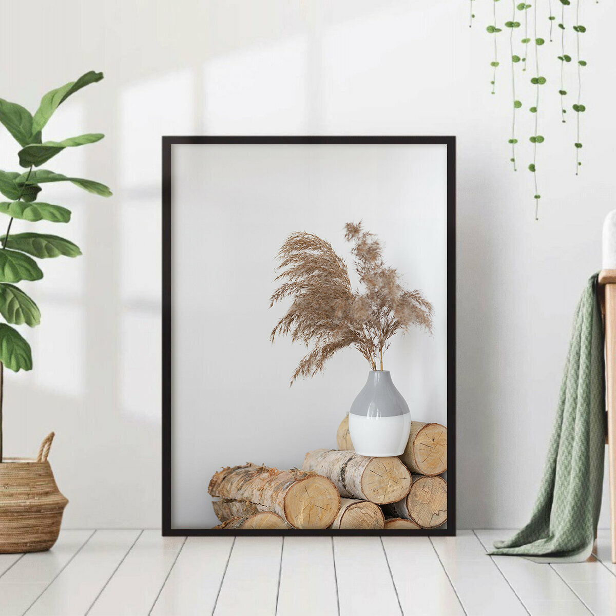 Постер "Сухоцвет в вазе на дровах" в черной рамке 40x50 см для интерьера на стену