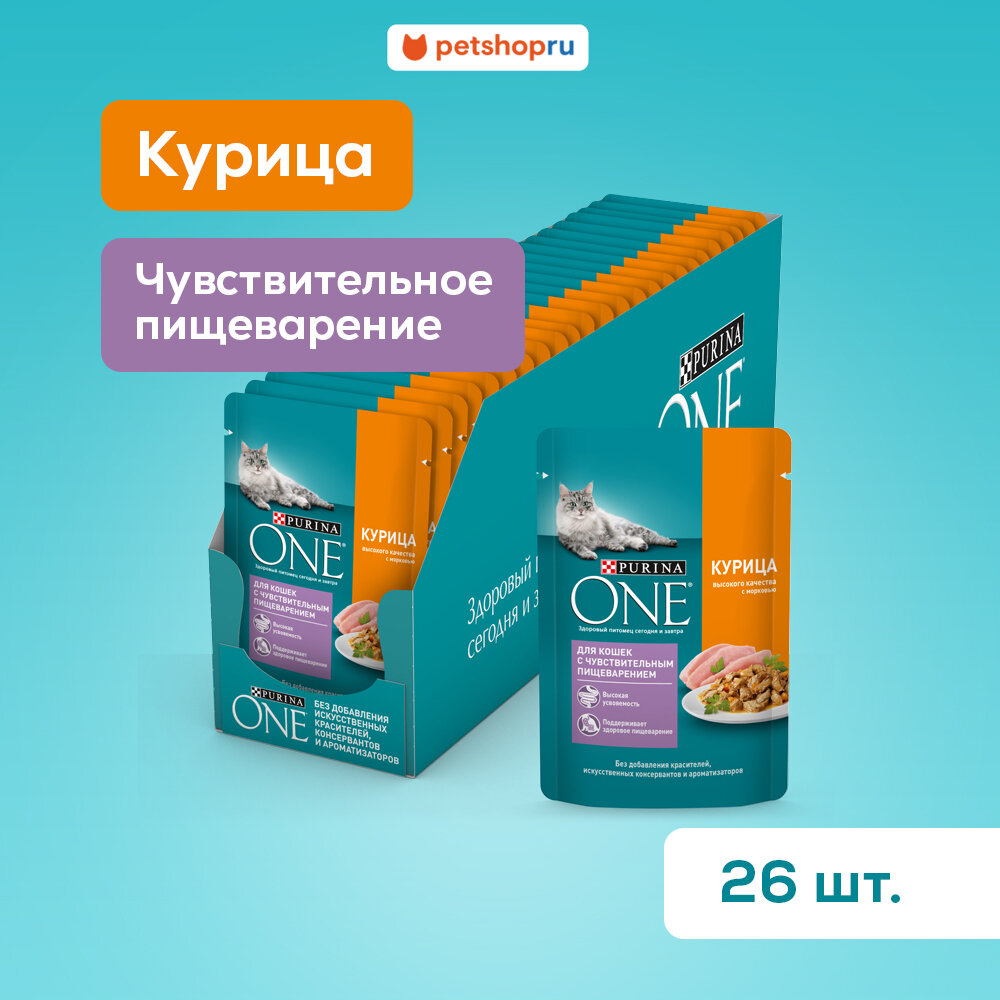 Purina ONE Паучи для кошек с чувствительным пищеварением с курицей и морковью, 26 шт х 75 г
