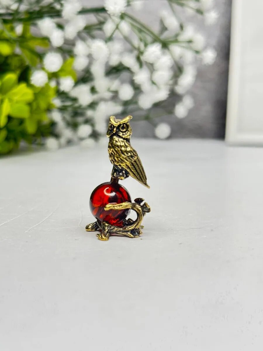 Фигурка коллекционная декоративная Сова, ручная работа, латунь/янтарь