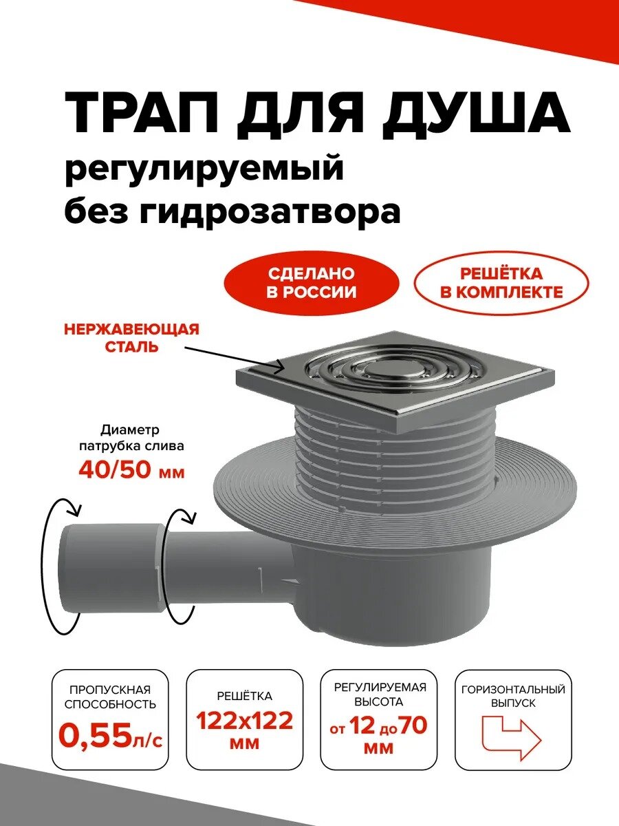 Душевой трап AquaMold AM 5100 регулируемый горизонтальный с решеткой