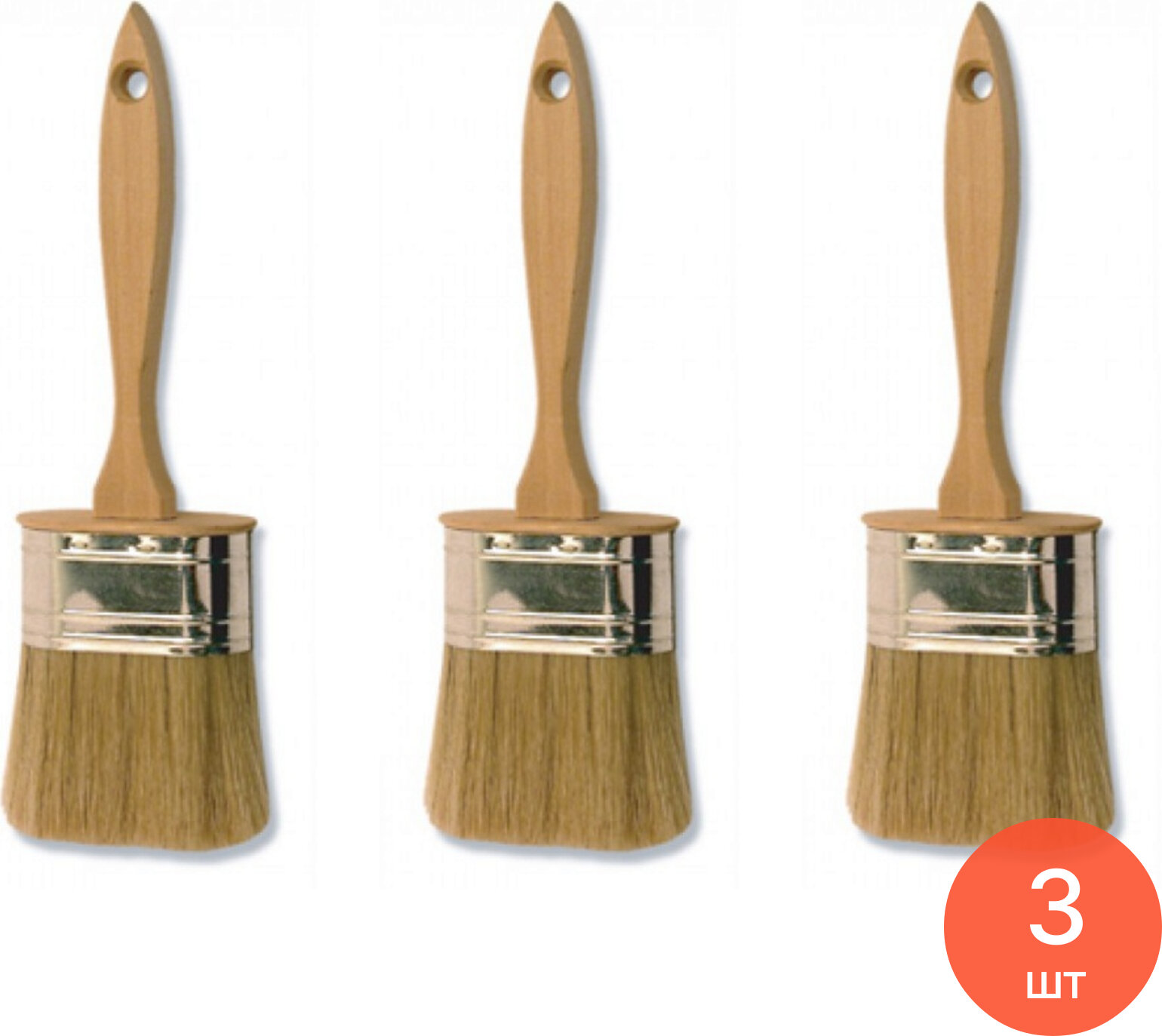 Кисть малярная 888 Евро ракля, с натуральной светлой щетиной и деревянной ручкой, овальная, 50х28мм / малярные и отделочные инструменты (комплект из 3 шт)
