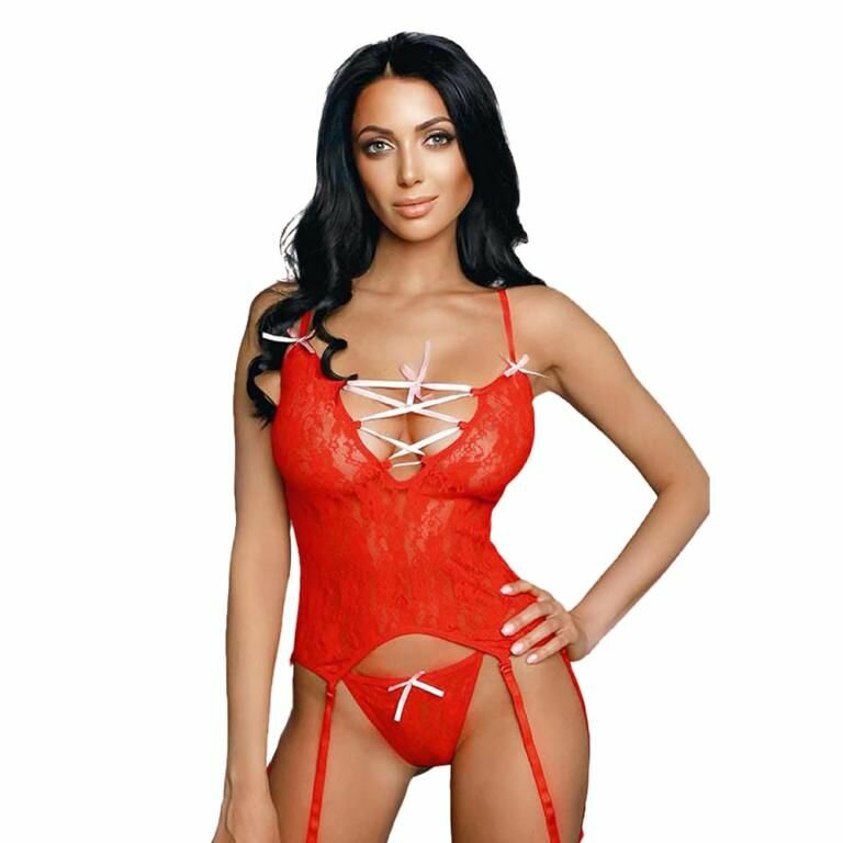 Комплект эротического белья Amor El Madrid, корсет с кружевом, стринги, красный