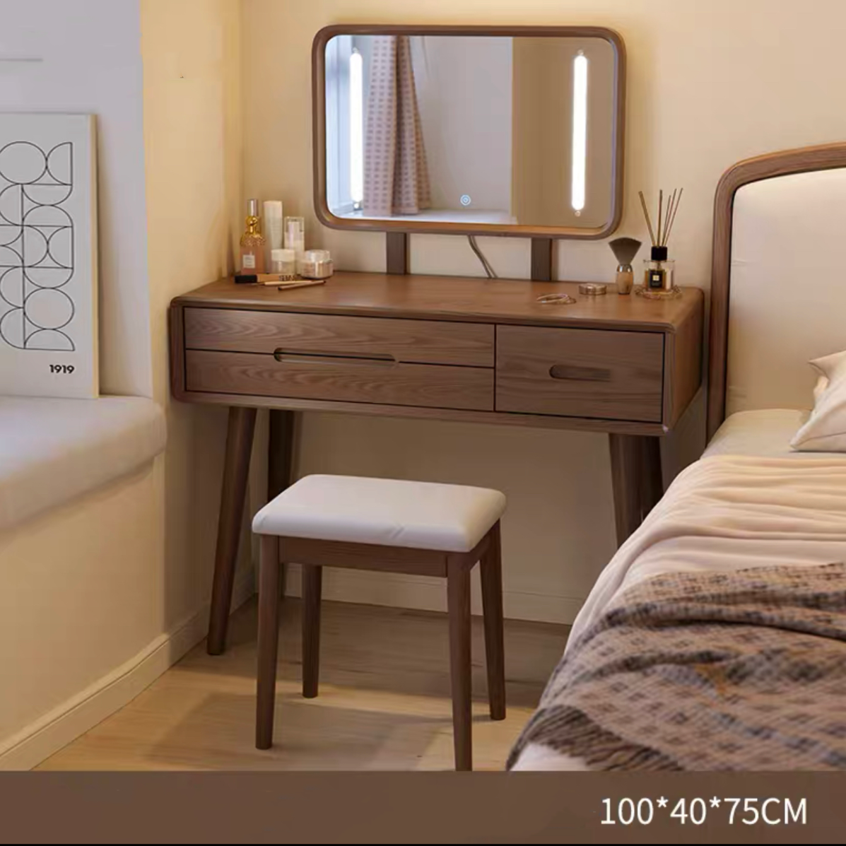 Туалетный столик Boise (темное дерево/ стол / 100см+ зеркало с подсветкой + стул)