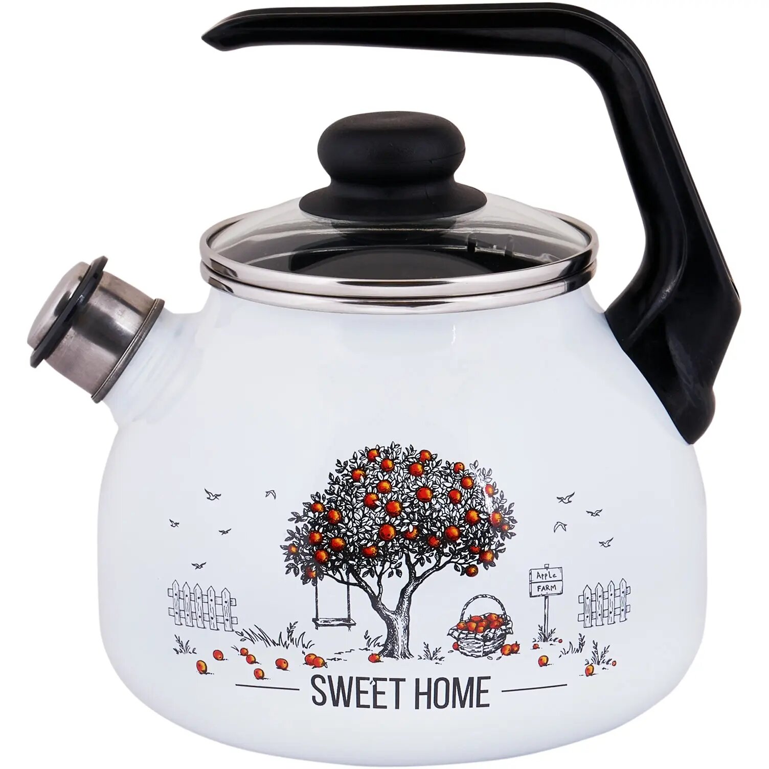Чайник эмалированный 3л со свистком, сталь, рисунок 'Apple Tree'