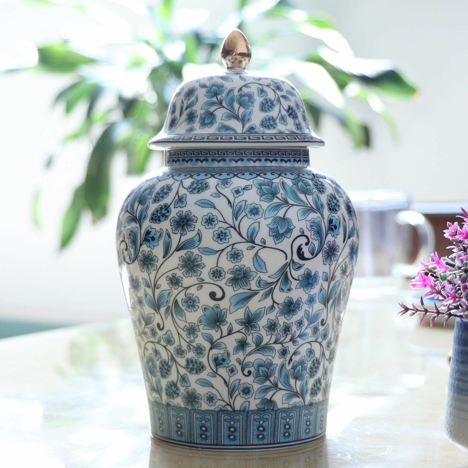 Керамическая ваза для имбиря и цветов с крышкой, сине-белый фарфор, элегантный декор для дома