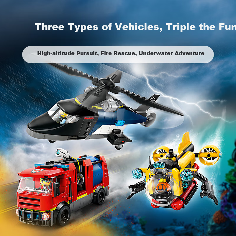 LEGO City 60462 Набор с вертолетом-пожарной машиной и подводной лодкой для мальчиков - строительная игрушка из 400+