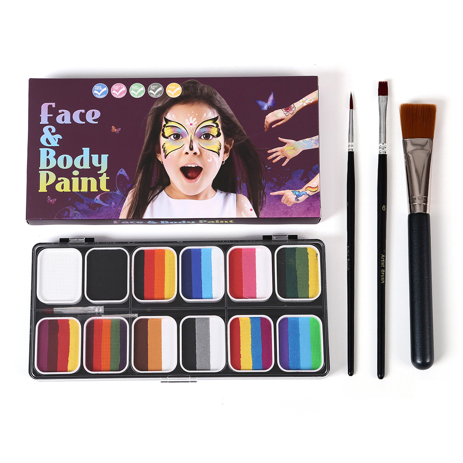 Набор аквагрима, водная основа, гипоаллергенный, с разделенными кейками, 3 кисти, для Хэллоуина, косплея