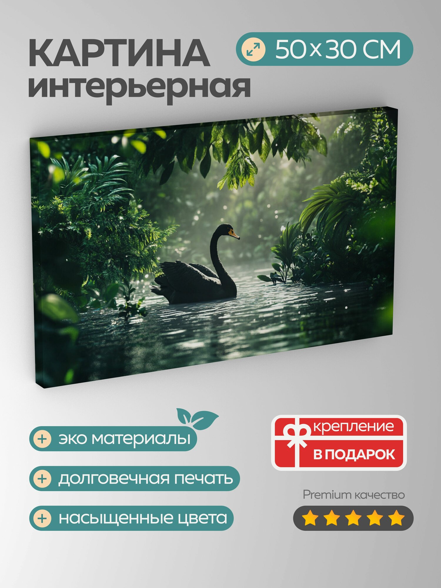 Картина на холсте интерьерная 50х30 см, Черный лебедь, природная среда, зеленая листва, мерцающая вода, Nikon 70-200 мм