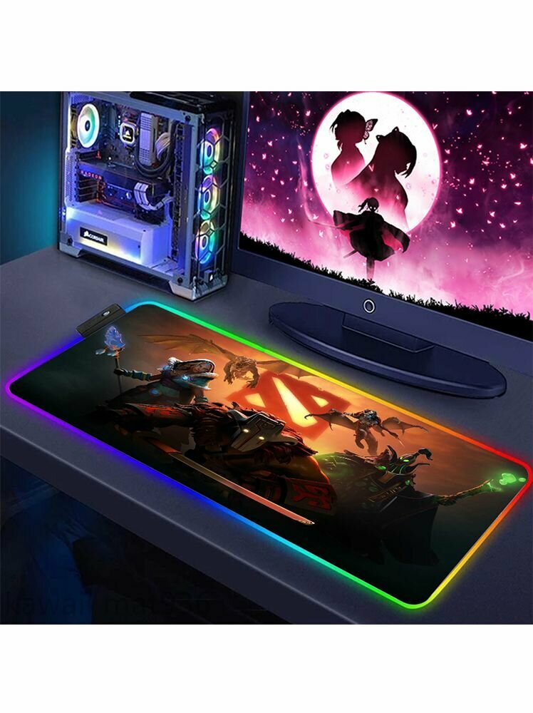 Коврик для мыши Dota 2 RGB, нескользящий, подсветка, прошитые края