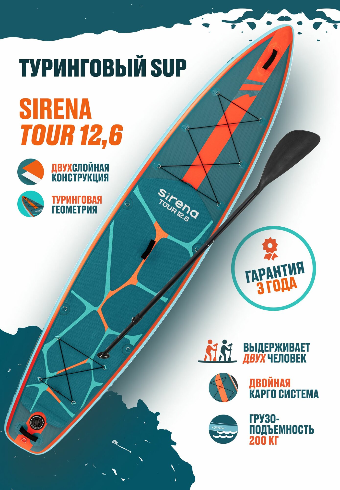 Надувная двухслойная SUP-доска SIRENA TOUR 12,6, сапборд с веслом, насосом и рюкзаком
