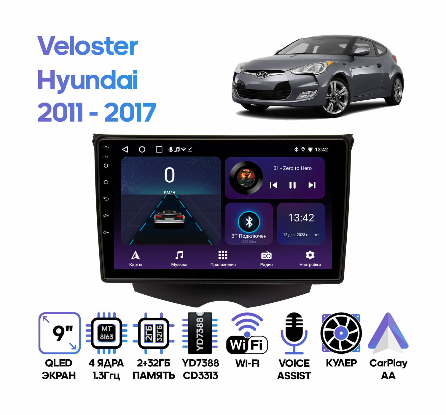 Магнитола Hyundai Veloster 2011 - 2017 / 9 дюймов, 2/64GB, 4 ядра, Wi-Fi, Android 9 / Wide Media