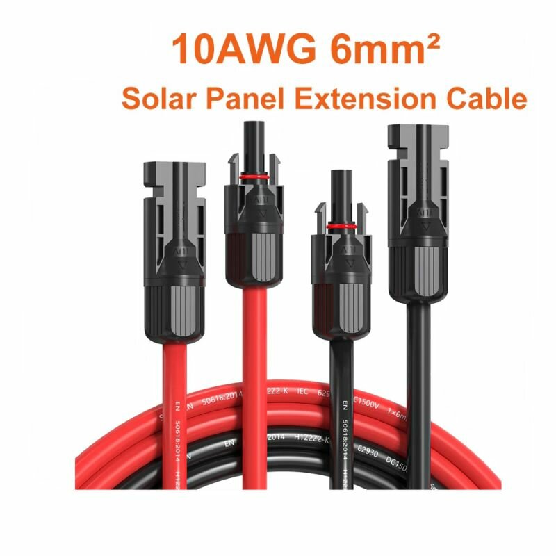 Удлинительный кабель для солнечной панели 10AWG 6 мм² с адаптером для солнечной батареи 1500 В, черный и красный, водонепроницаемый, IP67