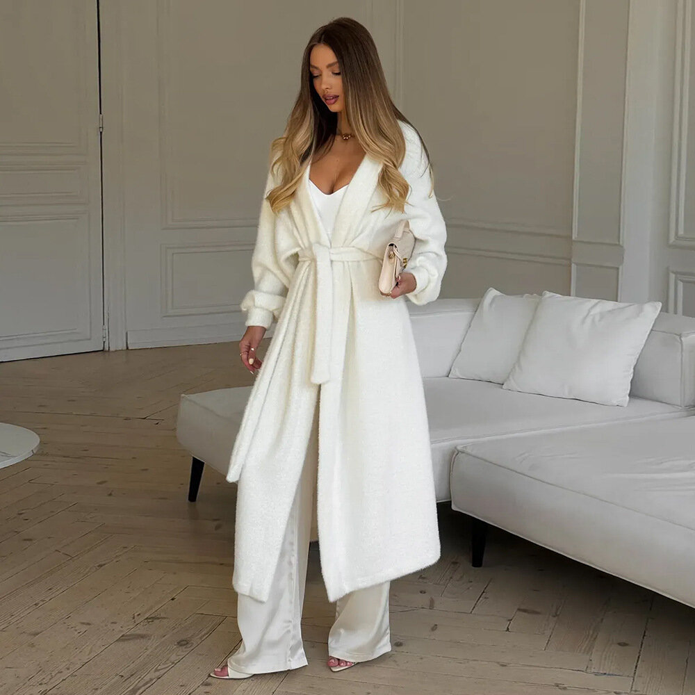 Куртка-кардиган со шнуровкой и длинными рукавами, осень-зима 2025, новые рукава-фонарики и длинная куртка-свитер