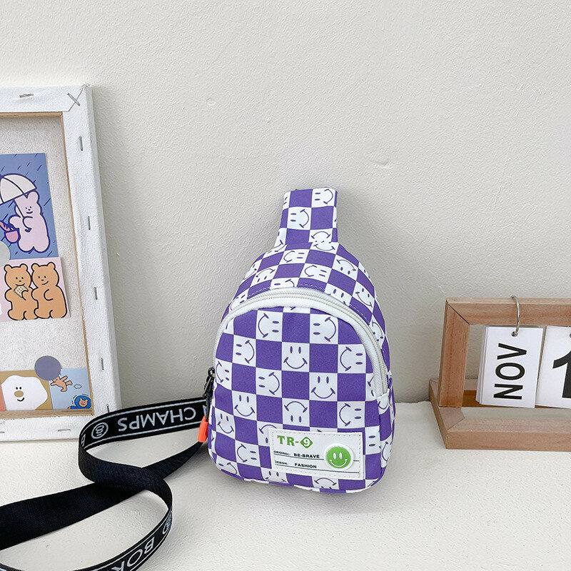 Детский рюкзак с красивым узором клетка для мальчиков и девочек с веселым лицом фиолетовый