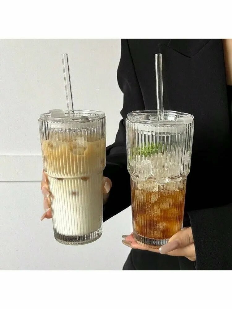 Полосатый стеклянный холодный напиток для лица с соком и кофейной чашкой 600 мл