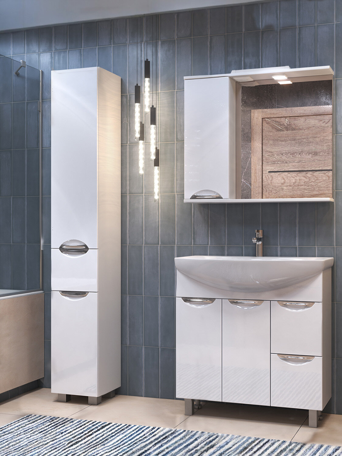 Мебель для ванной комплект Каллао Макси, тумба с раковиной напольная, шкаф пенал напольный, зеркало с шкафом с подсветкой, Белый глянец