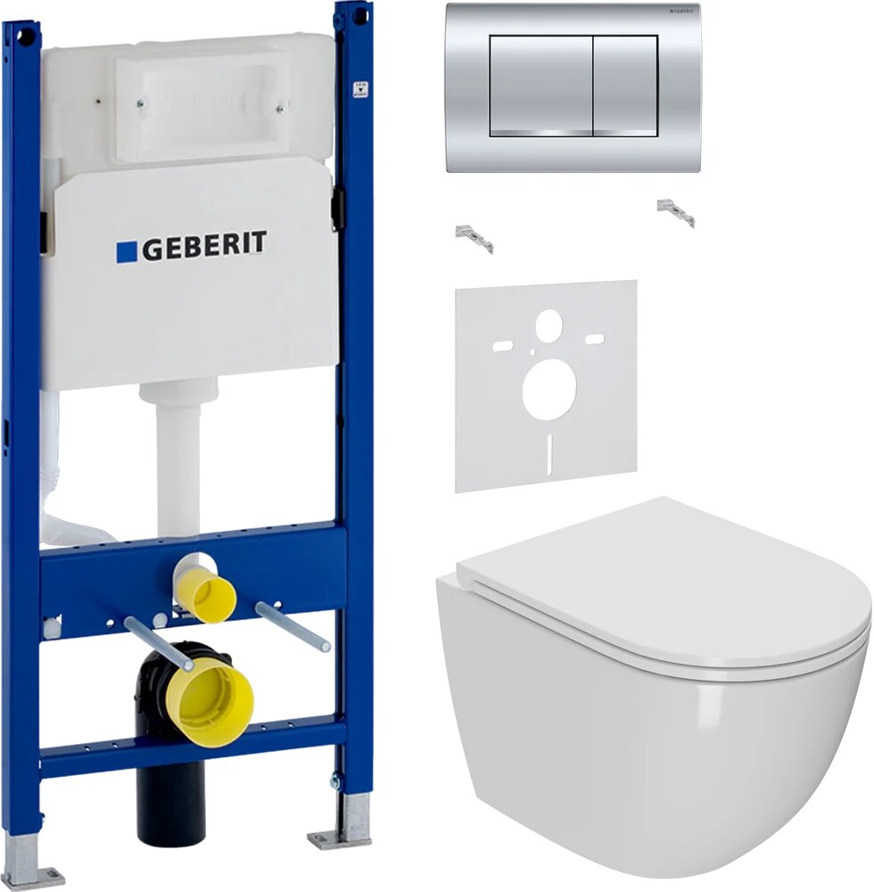 Комплект 3 в 1 Унитаз подвесной Bauedge Bau Dream Hurricane-2 с микролифтом, безободковый, белый / Звукоизоляция Geberit 156.050.00.1 / Инсталляция с кнопкой Duofix Delta 458.163.21.1 цвет хром