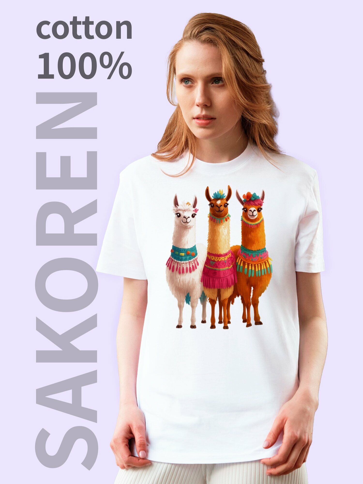 Футболка классическая женская с авторским принтом Смешные рыжие и оранжевые ламы в ярких этнических нарядах среди природы, белый хлопковый трикотаж с прикольным рисунком на груди