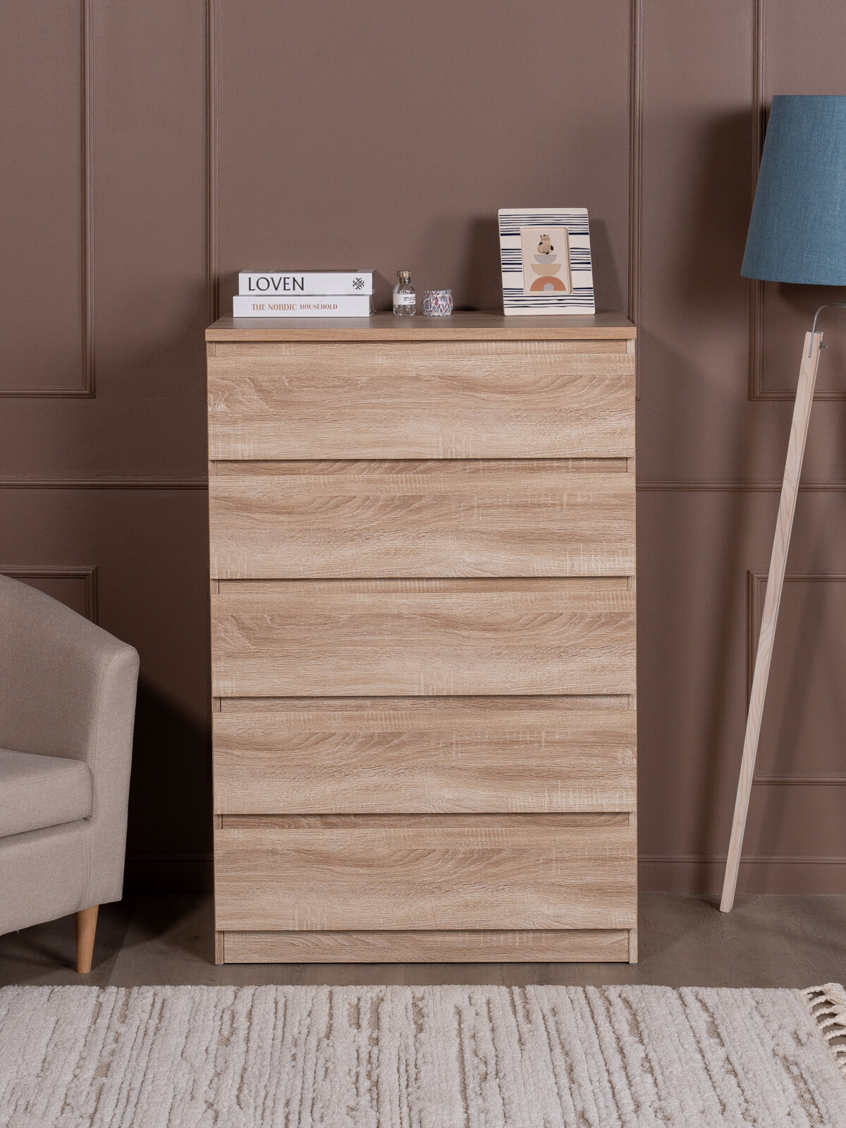 Комод для одежды с ящиками высокий, 80х48х121 см, ЛДСП, дуб сонома, Гуд Лакк, Мальта