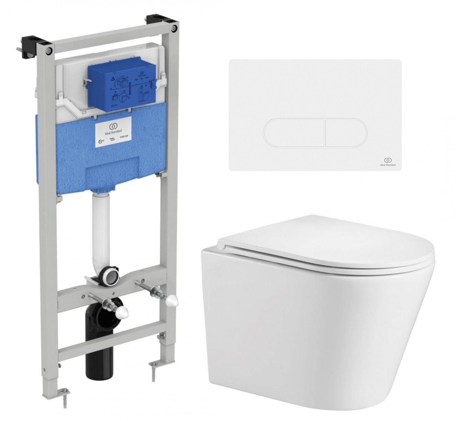 Комплект 3 в 1 инсталляция Ideal Standard + Подвесной унитаз WeltWasser Salzbach 043 GL-WT + кнопка белая