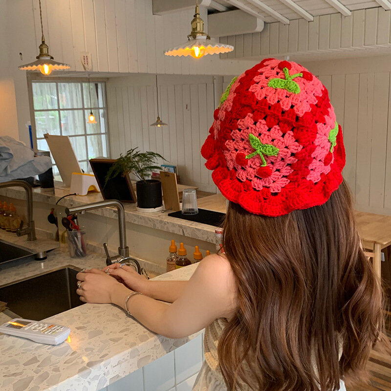 Японская рыбацкая шапка с вишней, вязаная шерстяная шапка ручной вязки, милая и милая шапка в том же стиле с интернет-знаменитостью для женщин