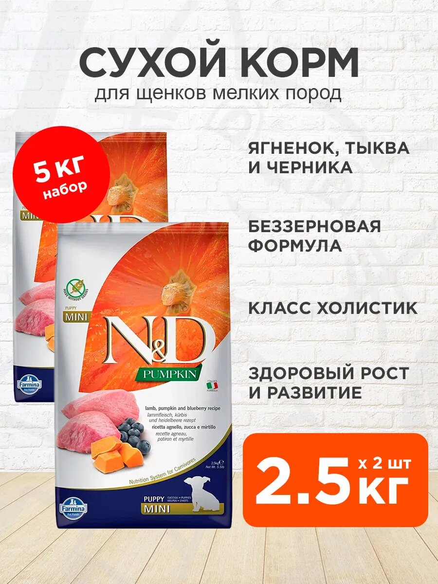 Корм сухой Farmina Dog N&D Grain Free Pumpkin Puppy Mini Lamb & Blueberry для щенков с ягненком, 2,5 кг х 2 шт