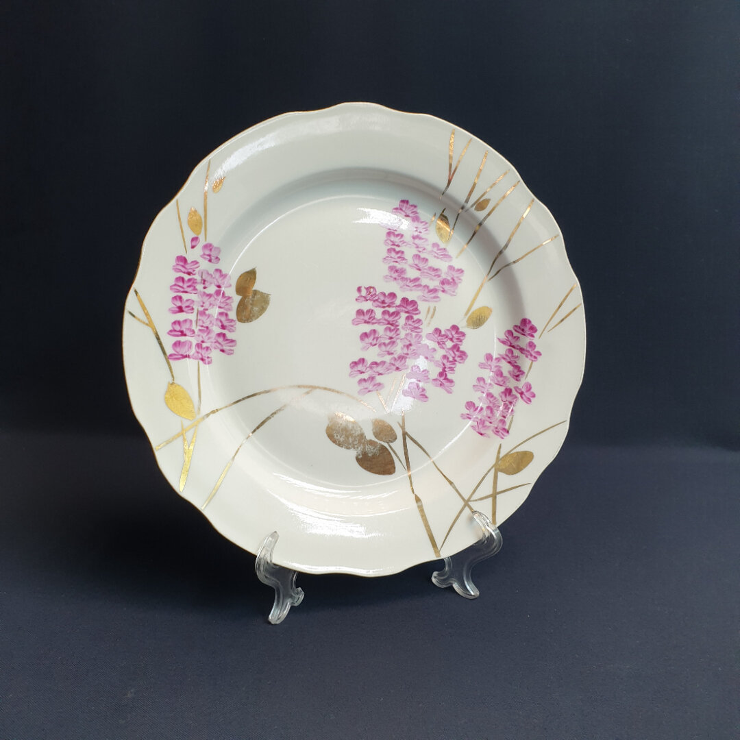 Столовая тарелка Сирень Дулево, фарфор деколь позолота 235 мм, винтаж СССР