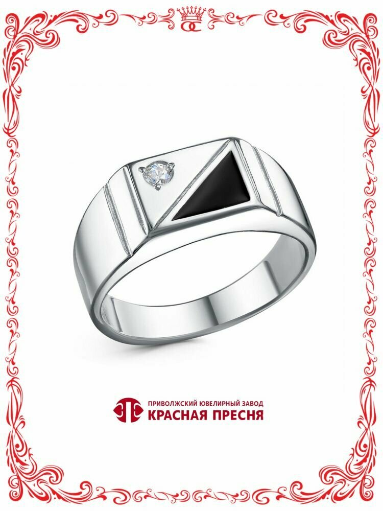 Печатка, серебро, 925 проба, оксидирование, эмаль, фианит