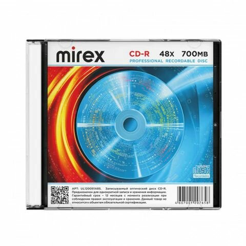 20 шт. Диск CD-R MIREX, 700 Мб, 48x, Slim Case, 1 штука, UL120051A8S
