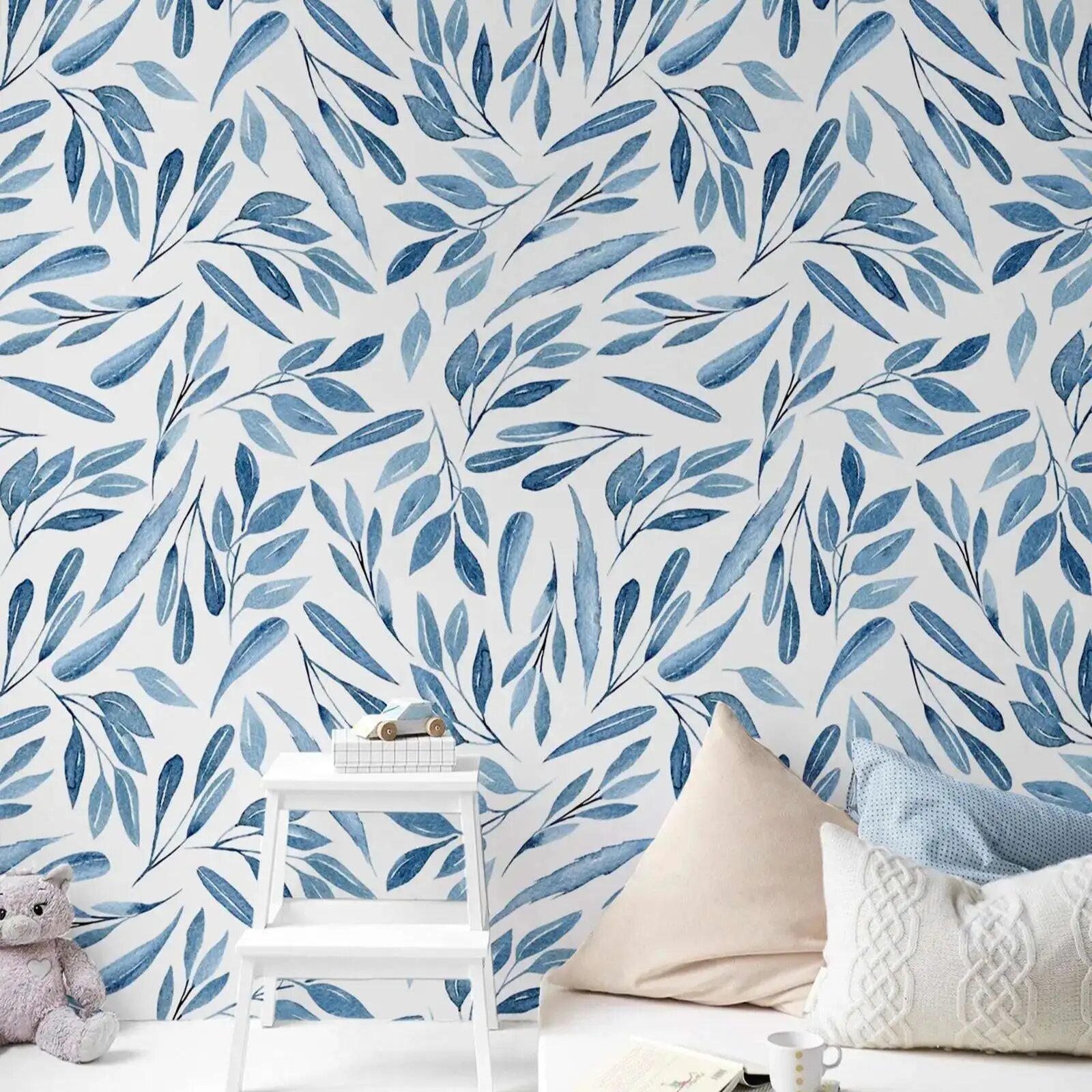 Бумажные обои Pixel&Wall синие акварельные листья Tradition Un-paste, 50cm X900cm