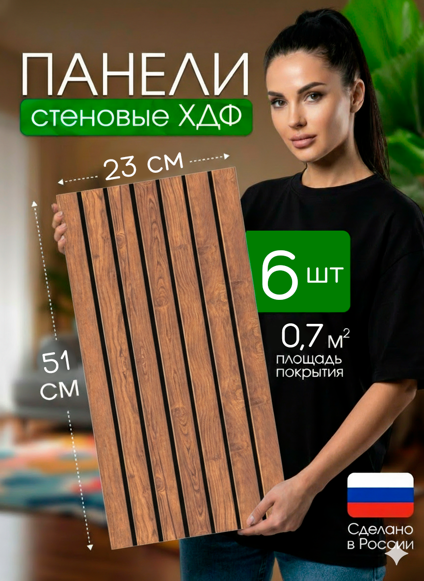 Стеновые панели, МДФ, для внутренней отделки, 23х51 см, бежевые рейки