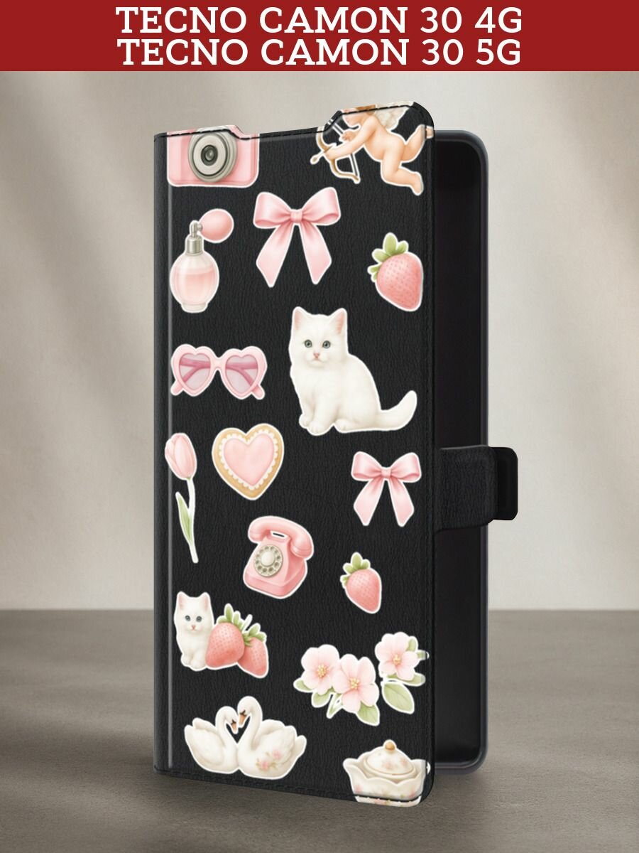 Чехол-книжка на Tecno Camon 30 4G/Tecno Camon 30 5G / Текно Камон 30 4G/Камон 30 5G с принтом Коллаж для девочки, черный