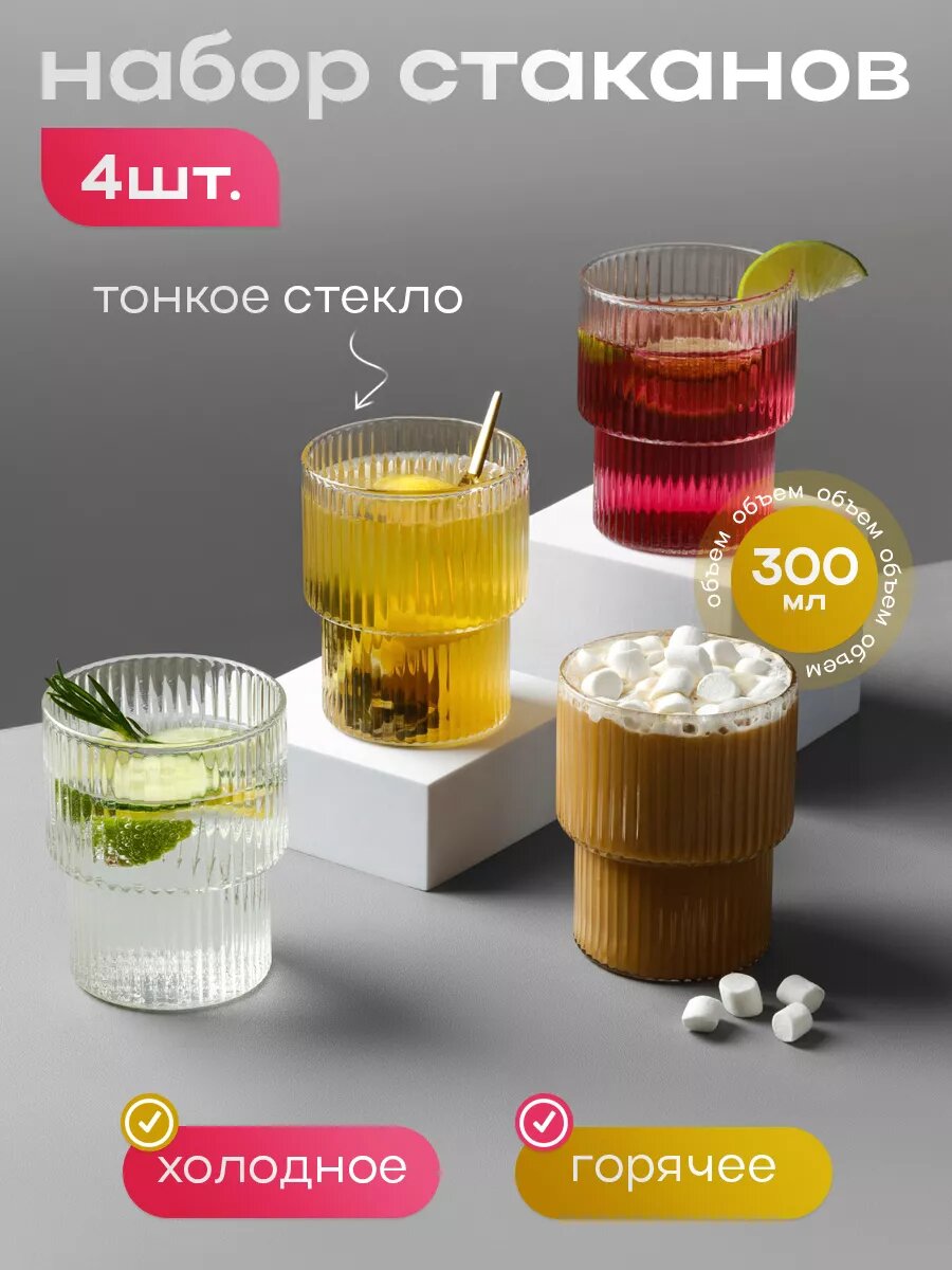 Набор стаканов Geo Home, рифленые, боросиликатное стекло, для воды, сока, коктейлей, 4 шт, прозрачные