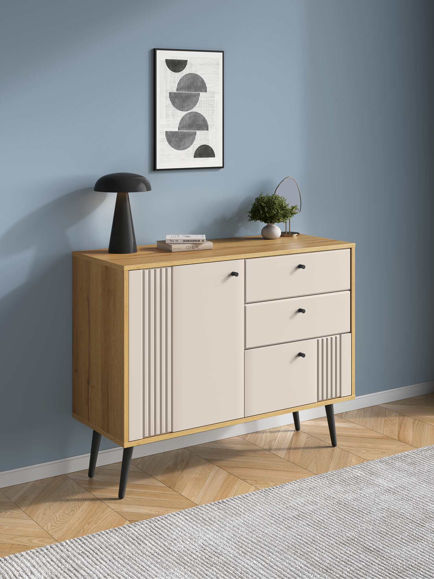 Комод для одежды Вега Саксония с ящиками, с полками, 105х40х80 см, Дуб Крафт золотой / Миндаль