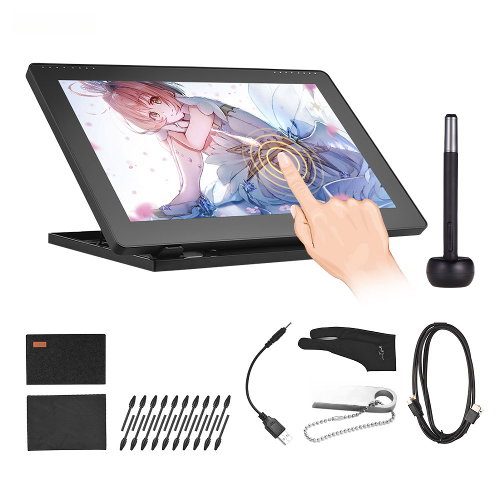 Графический планшет-дисплей BOSTO 16HDT, 15.6 дюйма, H-IPS LCD, черный, сенсорный экран, технология активного пера с 8192 уровнями давления, питание от USB, низкое энергопотребление, с интерактивным пером B08, подставка с регулировкой 10°-85°