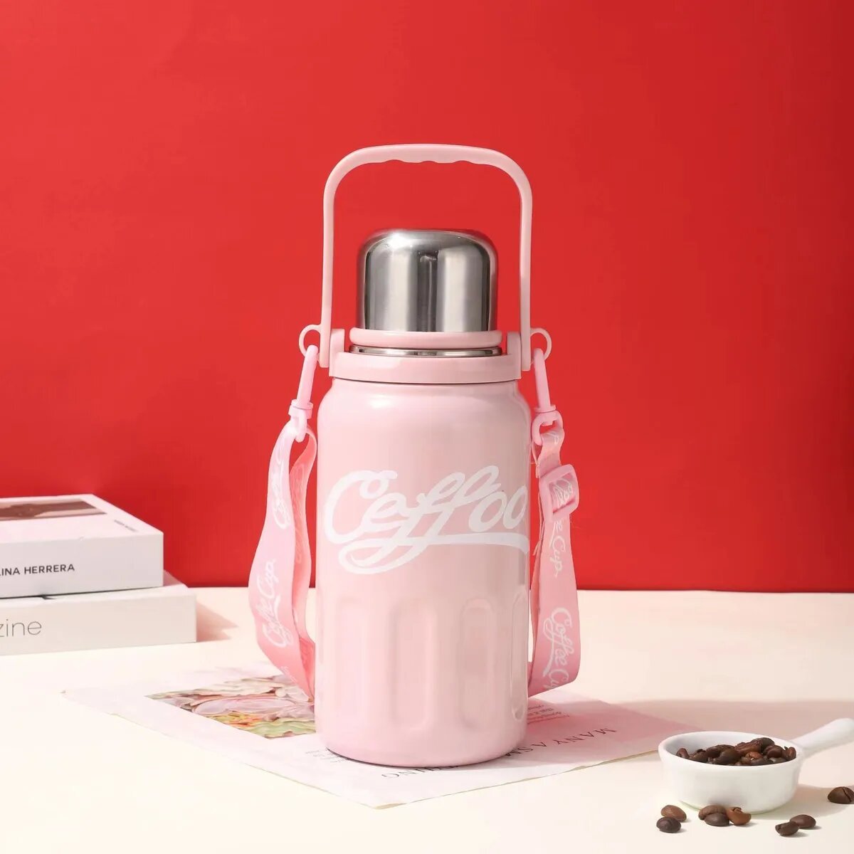 Термос С блокировкой крышки в виде замочка, С кнопкой, С ситечком "Coffe Pot", 1 л