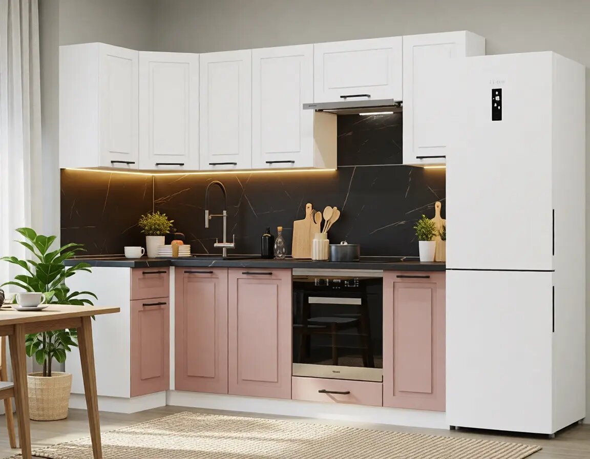 Кухонный гарнитур Аликанте, 100х245 см (арт. 3), шарли белый/шарли pink