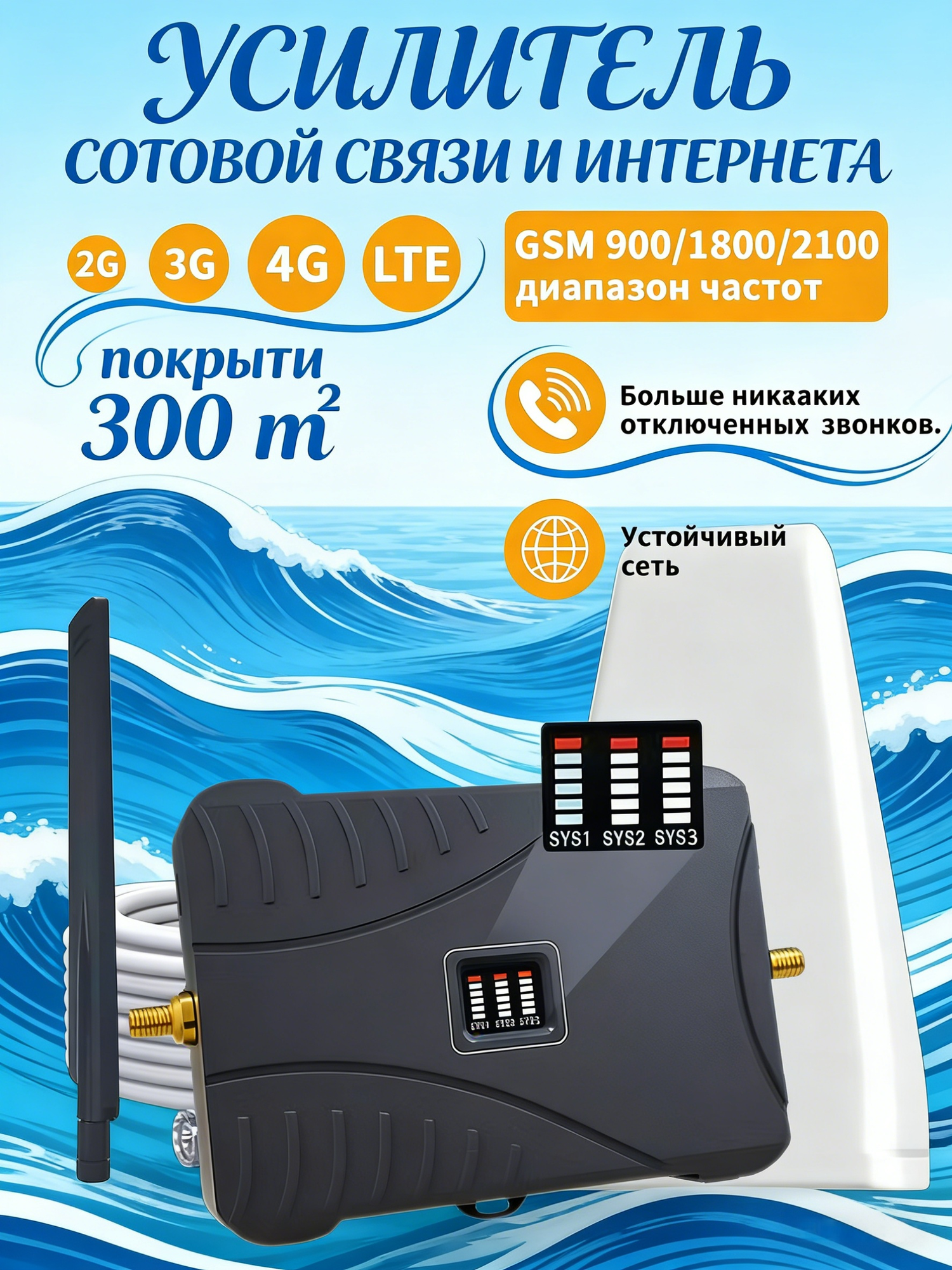 Усилитель сотовой связи-телефона 2G, 3G и 4G, 900 - 1800-2100 МГц -усилитель gsm сигнала