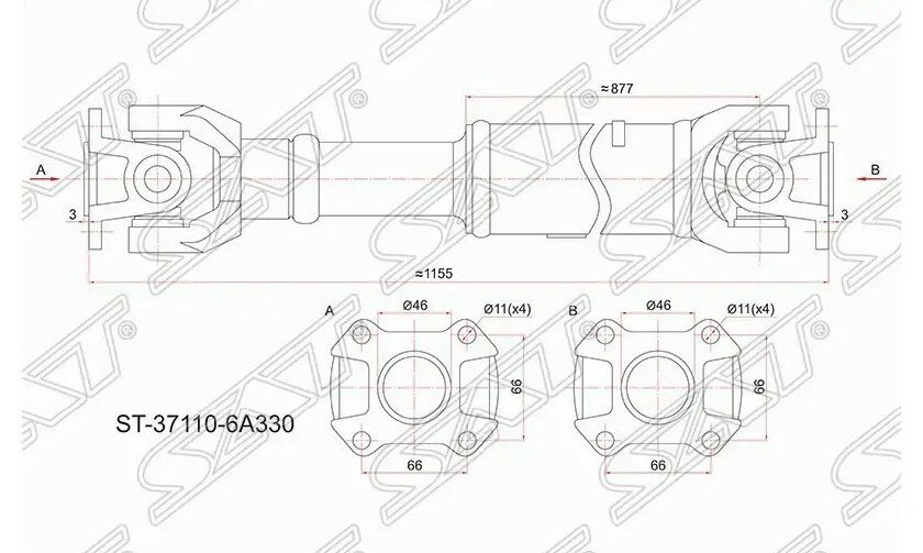 Вал карданный задний SAT ST-37110-6A330 TOYOTA LAND CRUISER 80/105 90-