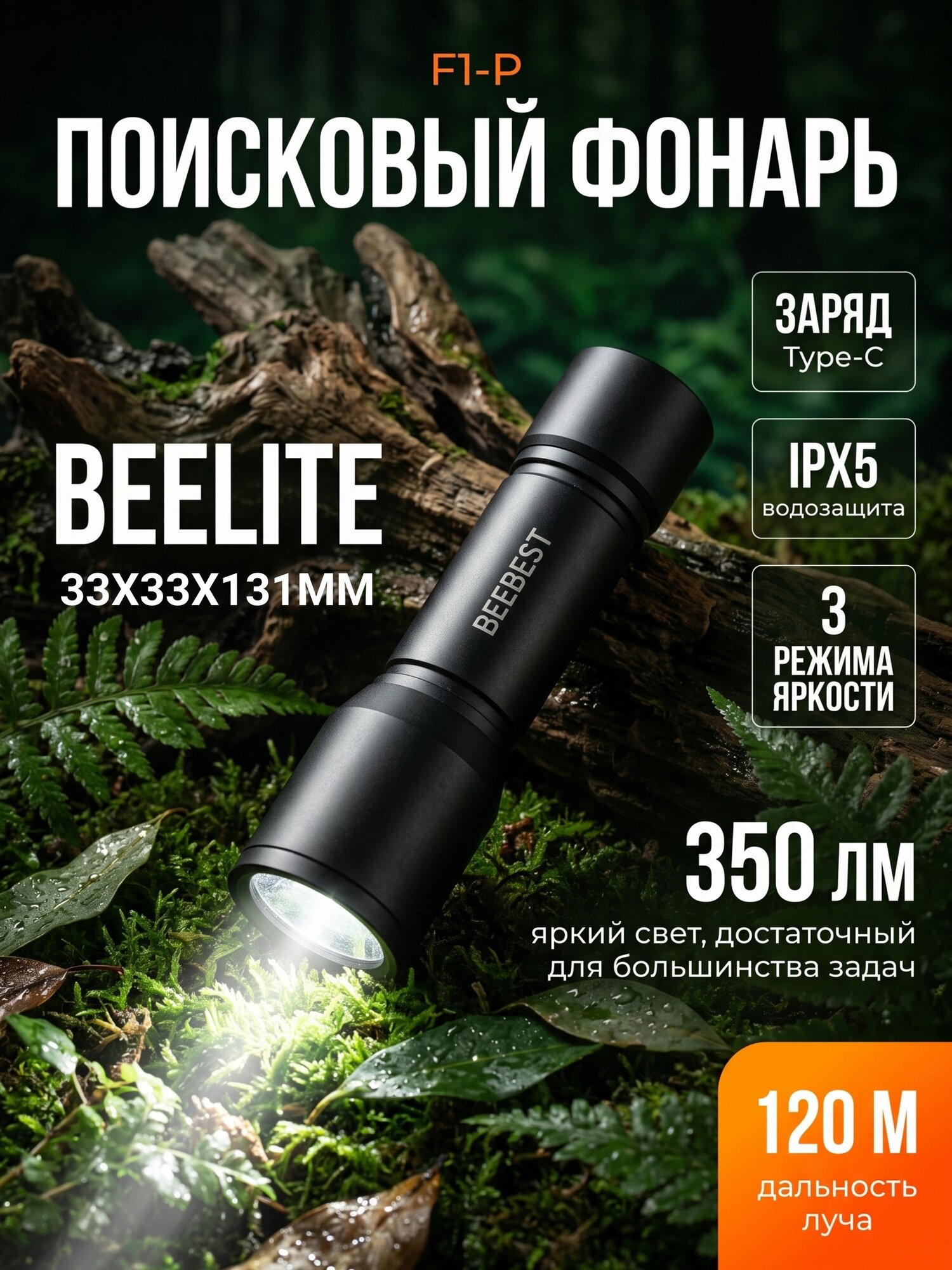 Портативный фонарик Beebest F1-P, перезаряжаемый Type-C, яркий свет, много режимов яркости, компактный, для походов и повседневного использования