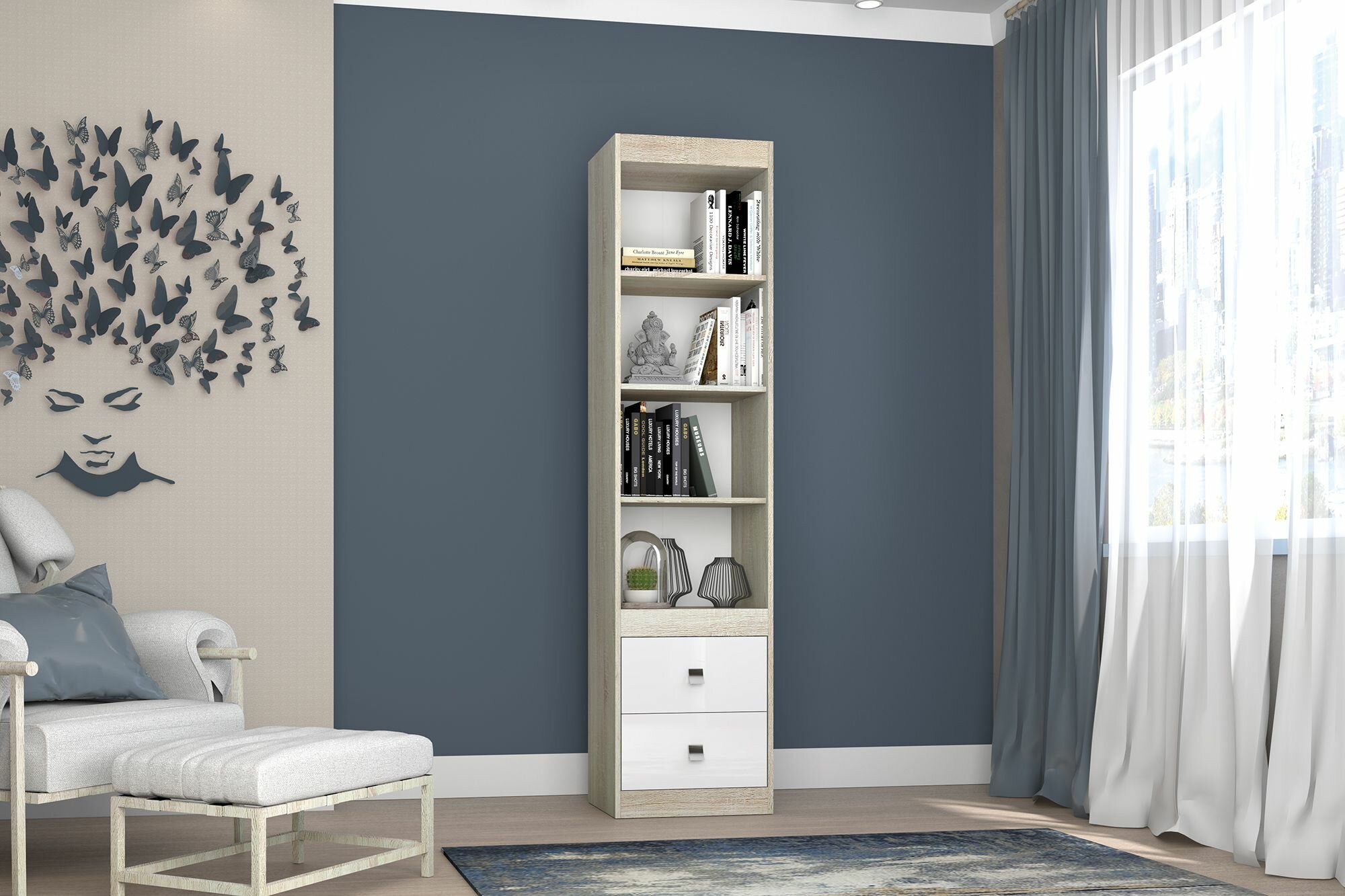 МС "Галактика" Стеллаж Дуб Сонома, Белый Глянец, ширина 48.2 см, высокий, напольный