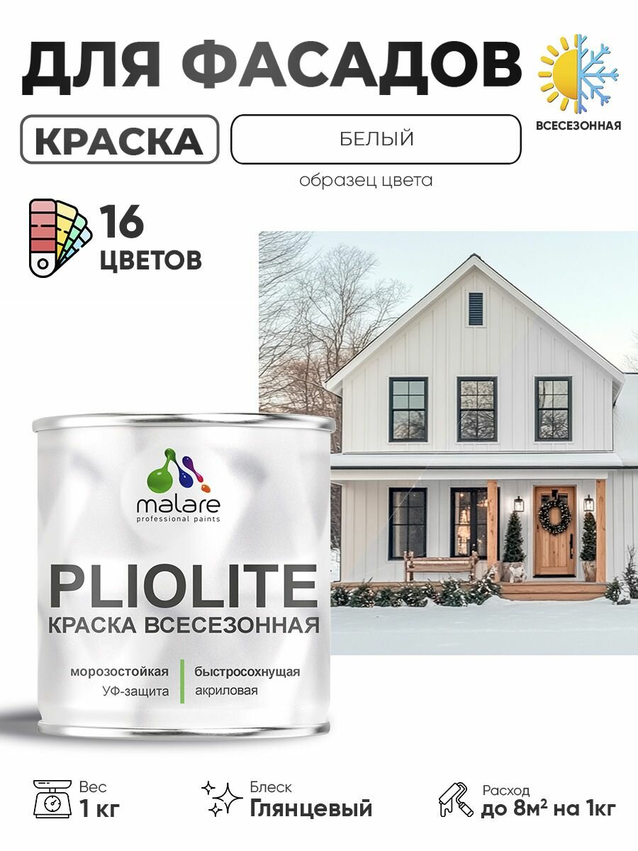 Краска-эмаль Pliolite всесезонная, зимняя, для всех типов поверхностей, антикоррозионная, RAL 9003, белый, глянцевая, 1 кг.