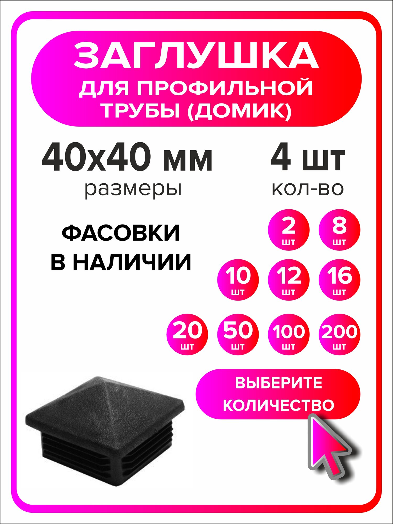 Заглушка для профильной трубы 40х40 мм Домик, пластиковая, черная, 4 штуки