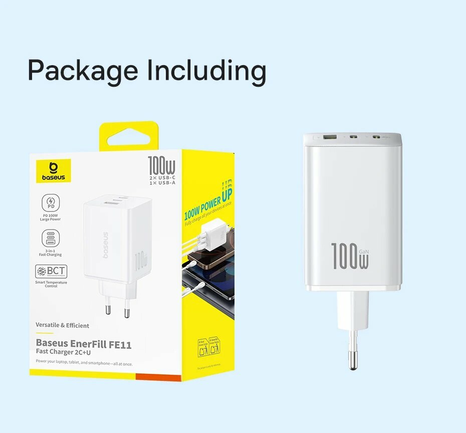 Fast Charger Baseus PD 100 Вт Тип C USB EU Зарядное устройство Поддержка портативного быстрого зарядного устройства для ноутбука Huawei iPhone 16 15 14 13 White EU 100W Max