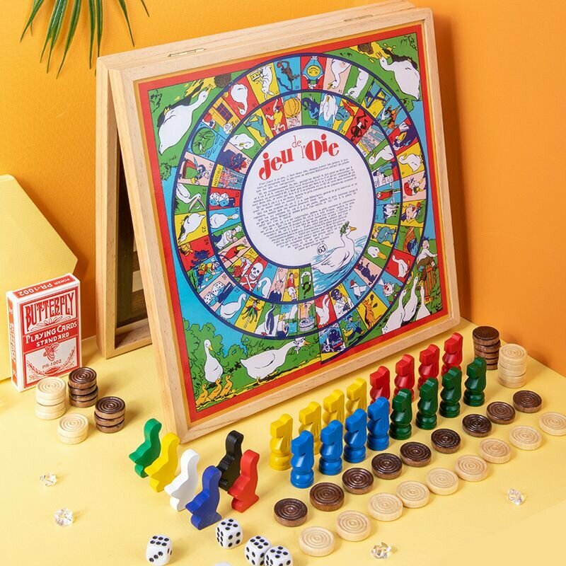 Игровой набор 4в1 (гусиные шахматы, девятиместный моррис, международные шашки и лудо)